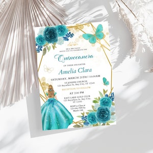 Editable Quinceanera Invitation Template, Blue and Gold Quinceanera ...