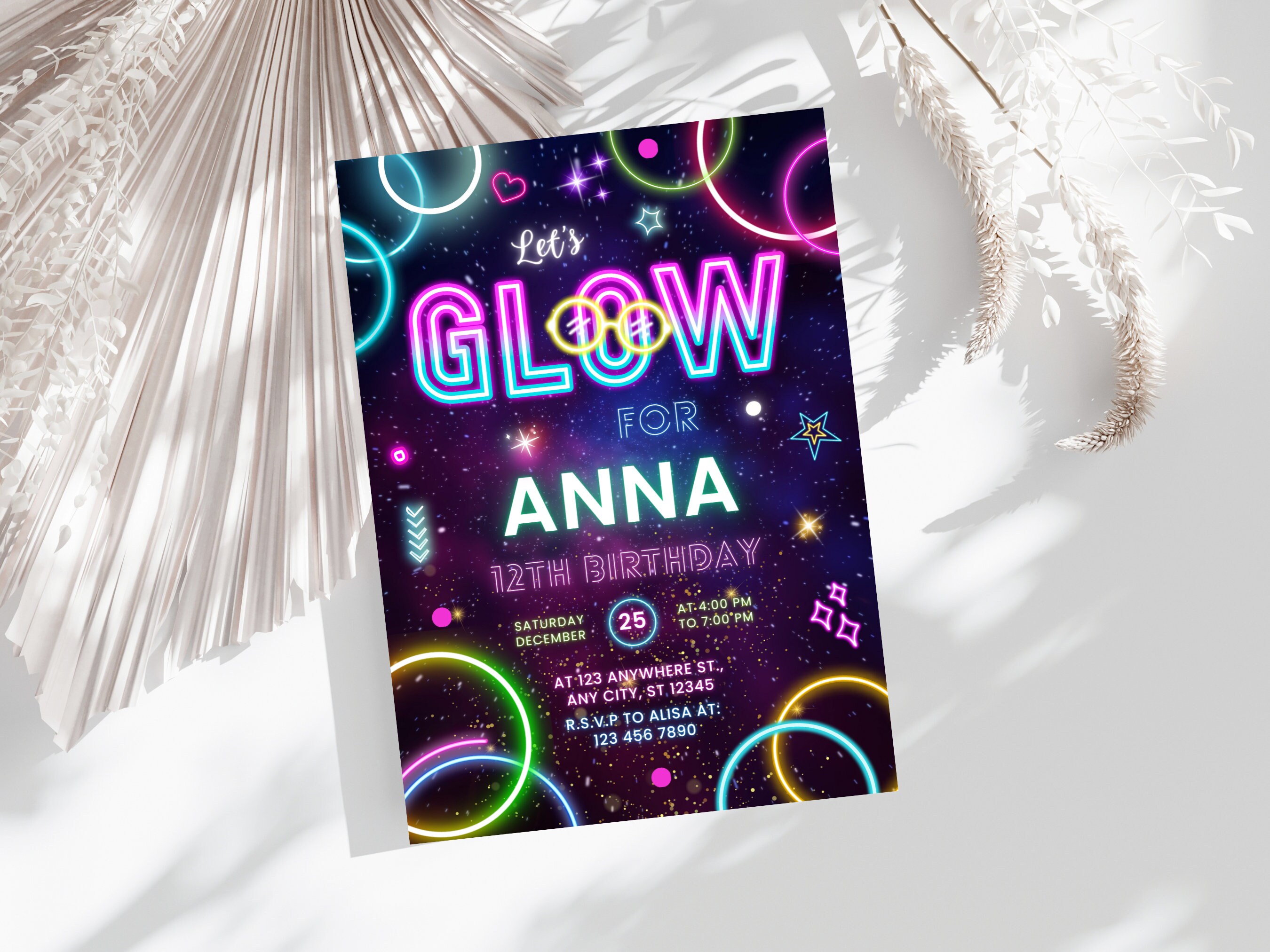 Editable Glow Party Birthday Invitation Template, Neon Party Invite ...