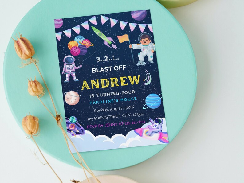Editable Outer Space Birthday Invitation Template, Astronaut Planets ...