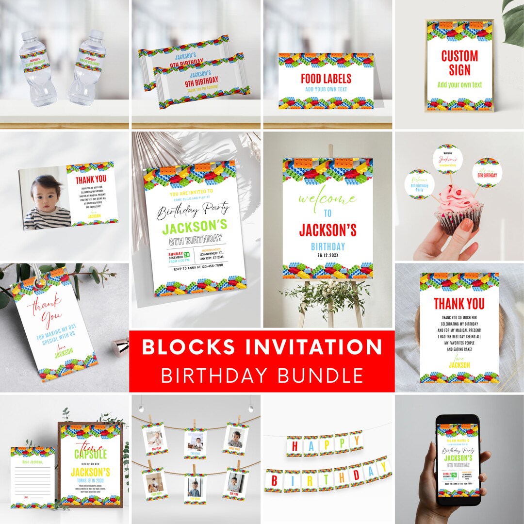 Editable Building Bricks Birthday Bundle, Girls/boys Birthday Bundle ...