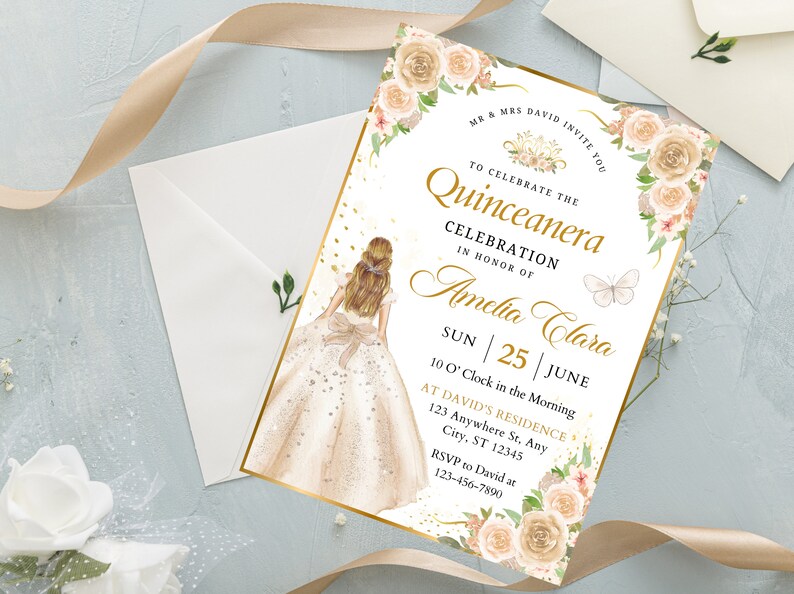 Editable Wildflower Quinceanera Invitation Template, Silver Dress ...