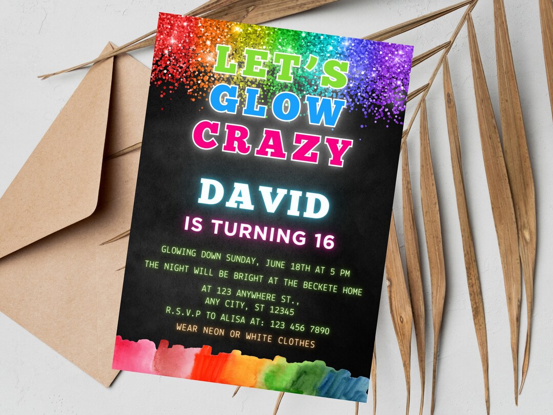 Editable Glow Party Birthday Invitation Template, Neon Party Invite ...