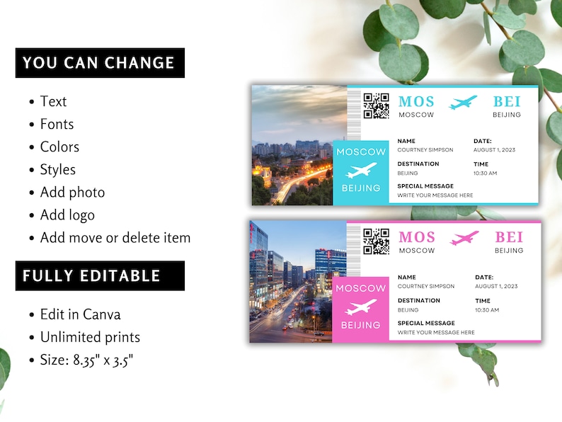 Editable Boarding Pass Canva Template, Printable Airline Ticket ...