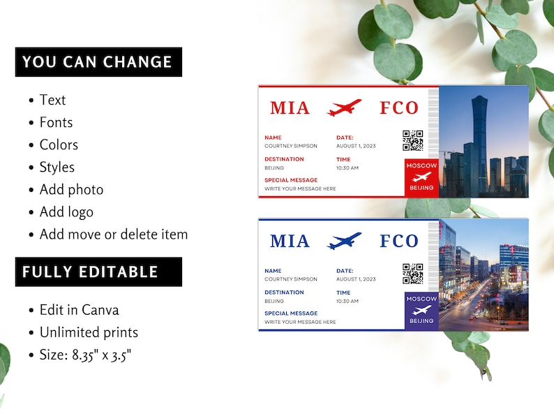 Editable Boarding Pass Canva Template, Printable Airline Ticket ...