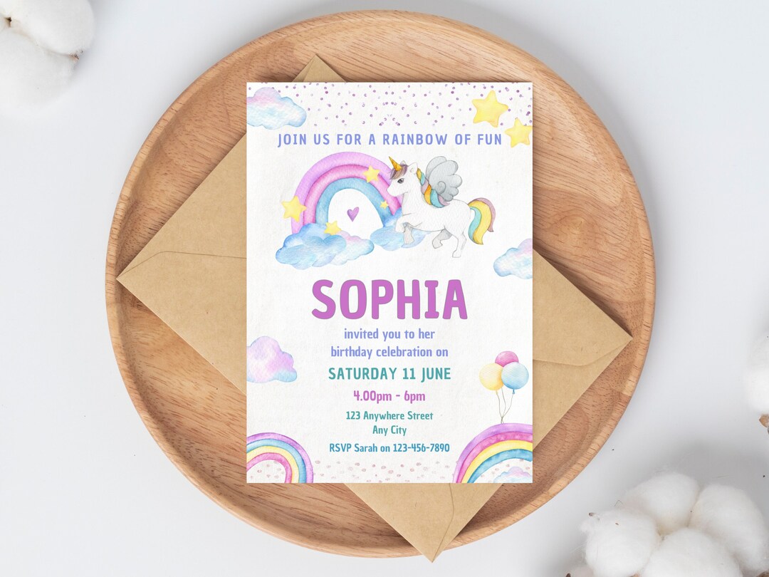 Editable Unicorn Rainbow Birthday Invitation, Girls Party (digital ...