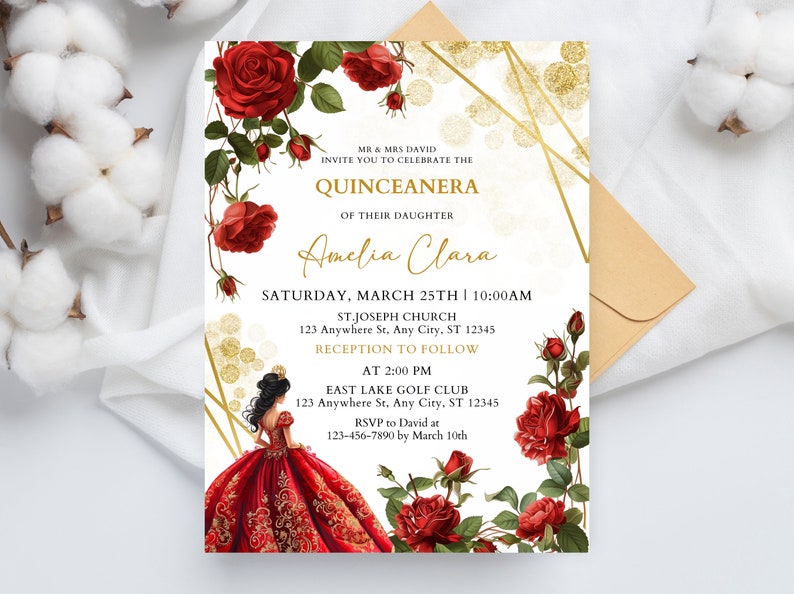 Burgundy Red and Gold Quinceañera Invitation, Mis Quince Emerald Red ...