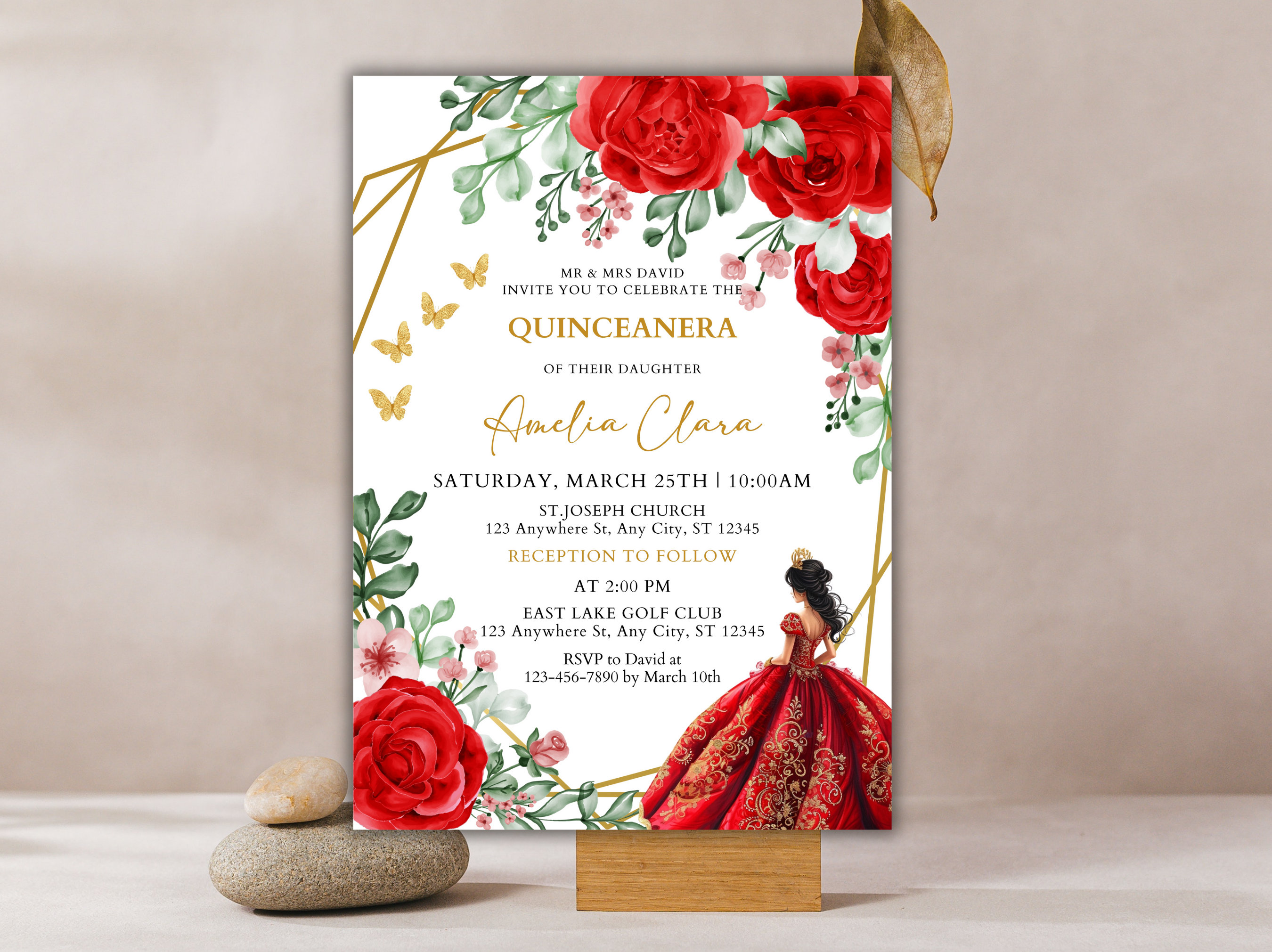 Burgundy Red and Gold Quinceañera Invitation, Mis Quince Emerald Red ...