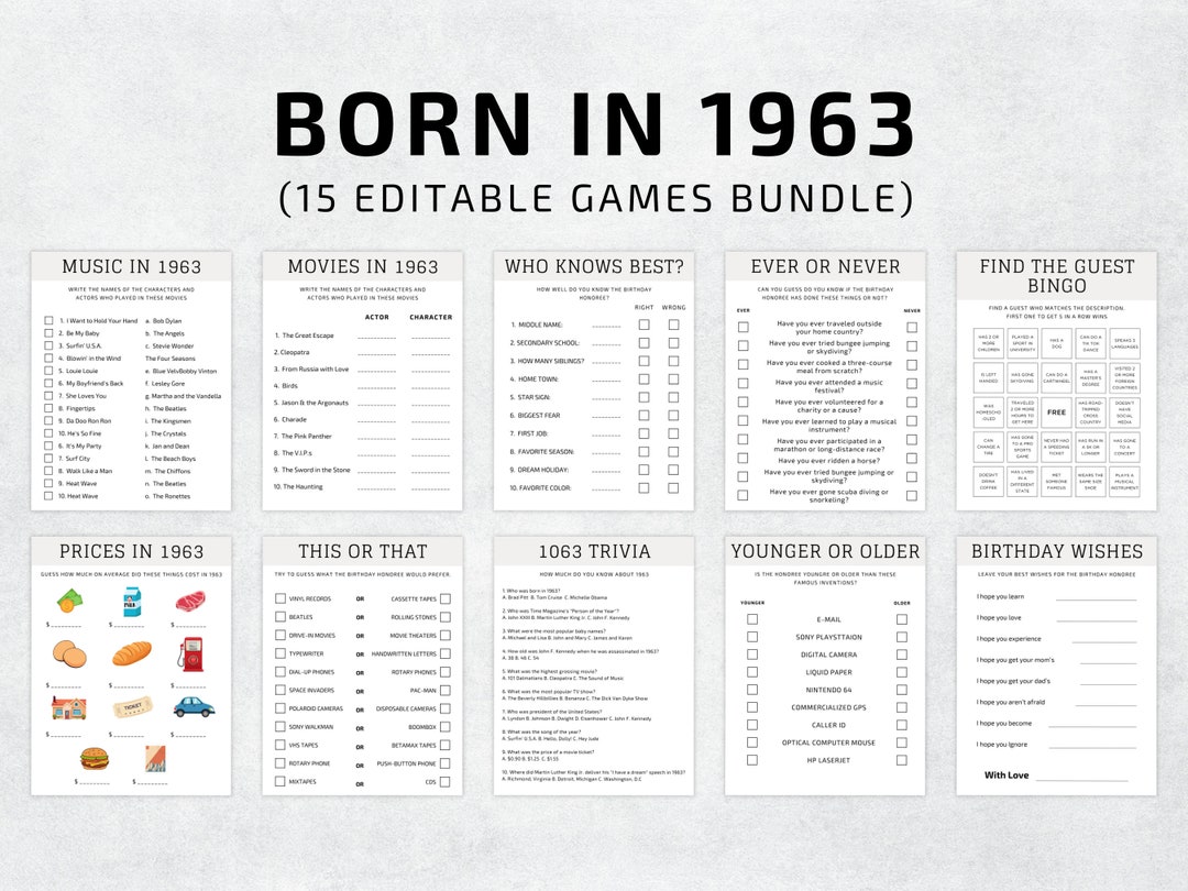 60th Birthday Games Bundle, 1963 Birthday Games, 60th Birthday Party ...