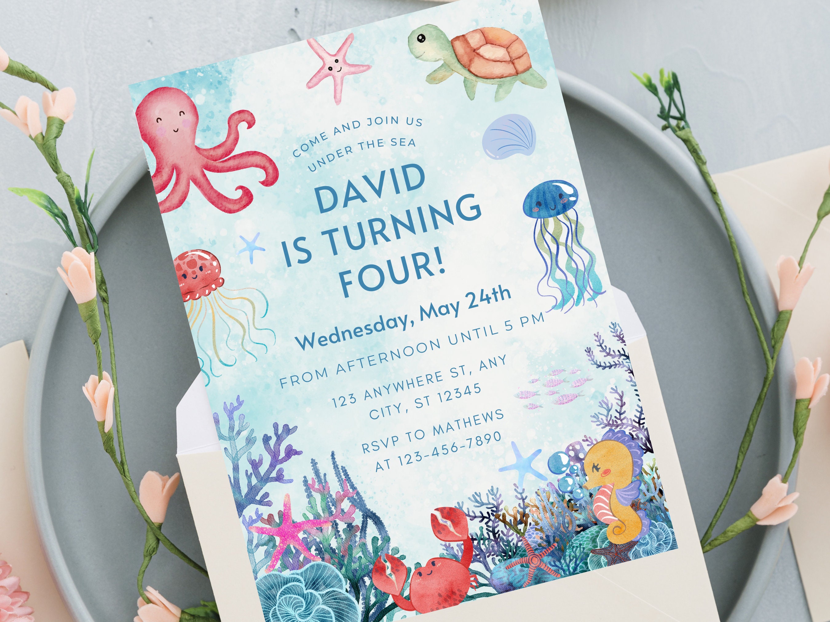 Under the Sea Birthday Invitation Template, Ocean Animals Party Invite ...