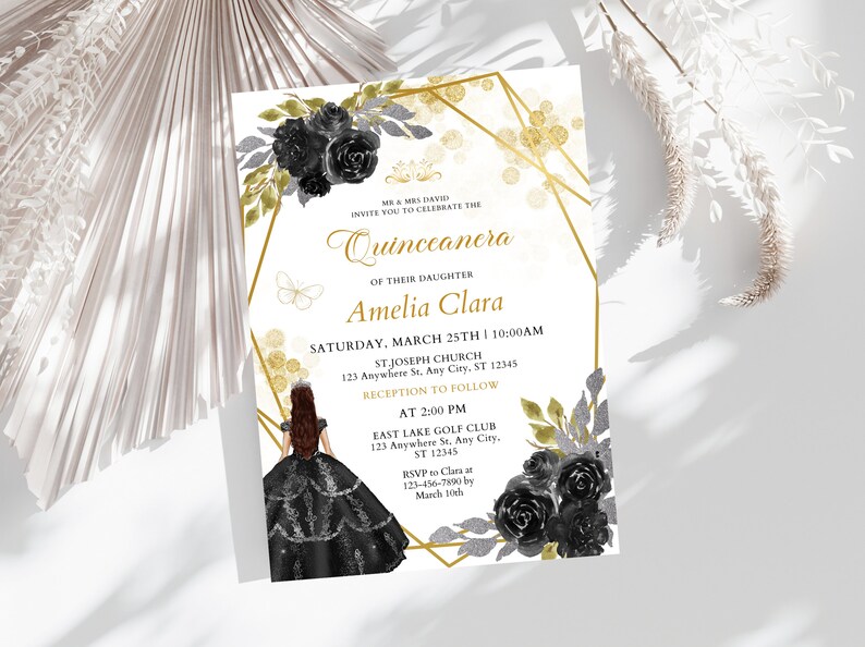 Editable Wildflower Quinceanera Invitation Template, Black and Gold ...