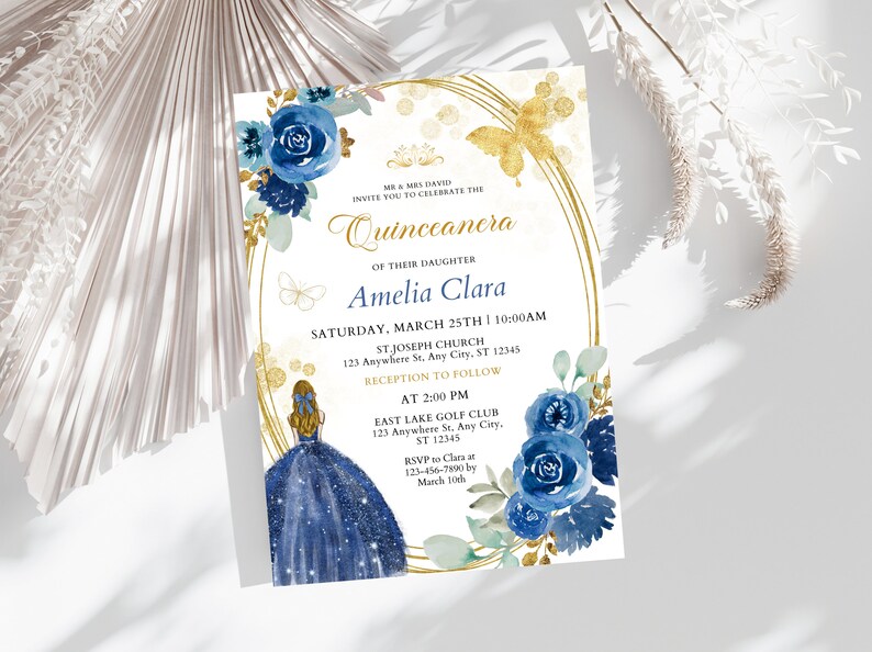 Editable Wildflower Quinceanera Invitation Template, Blue and Gold ...
