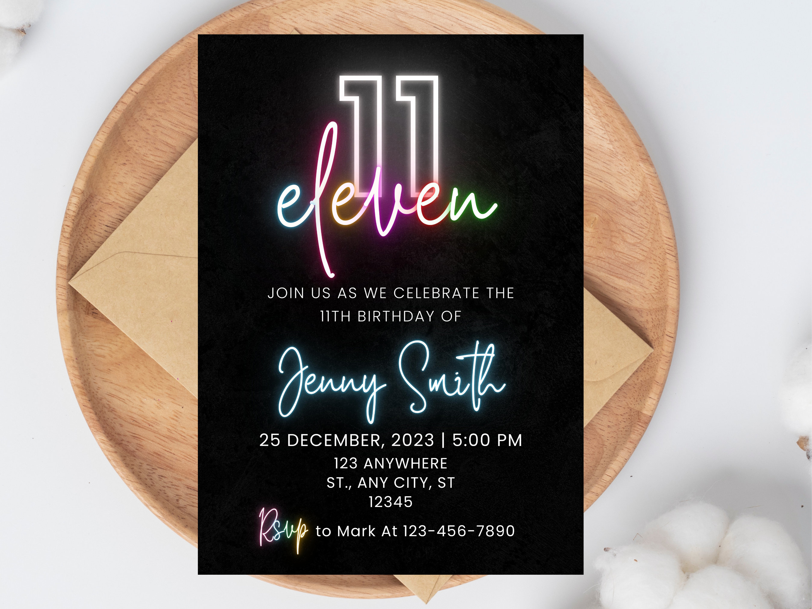 Editable Neon Birthday Invitation, Pink Birthday Invitation, 11th ...
