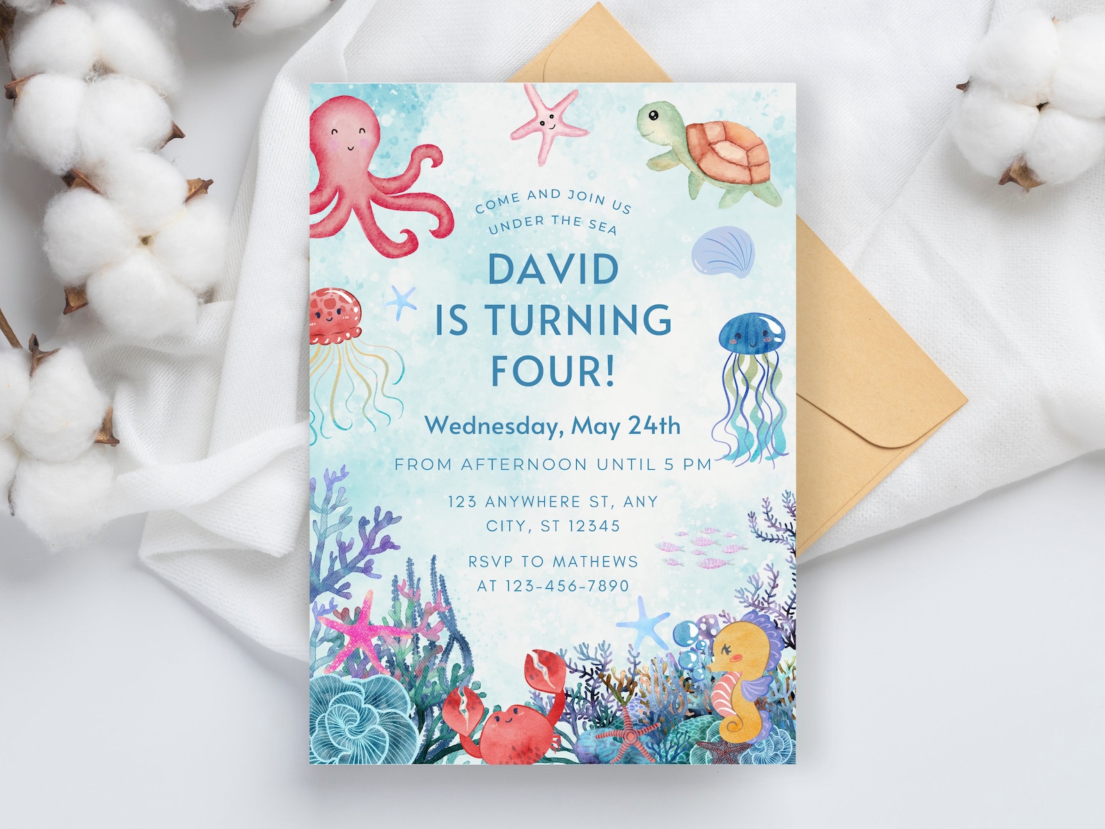 Under the Sea Birthday Invitation Template, Ocean Animals Party Invite ...