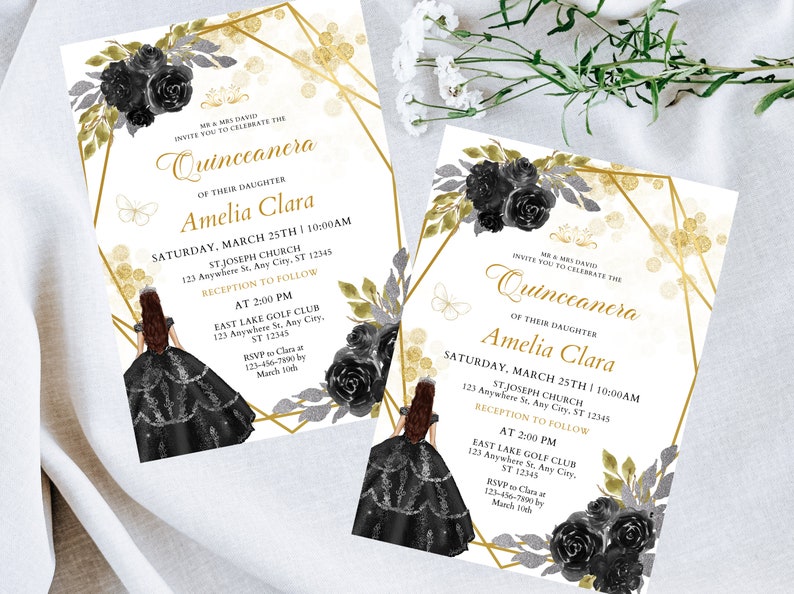 Editable Wildflower Quinceanera Invitation Template, Black and Gold ...