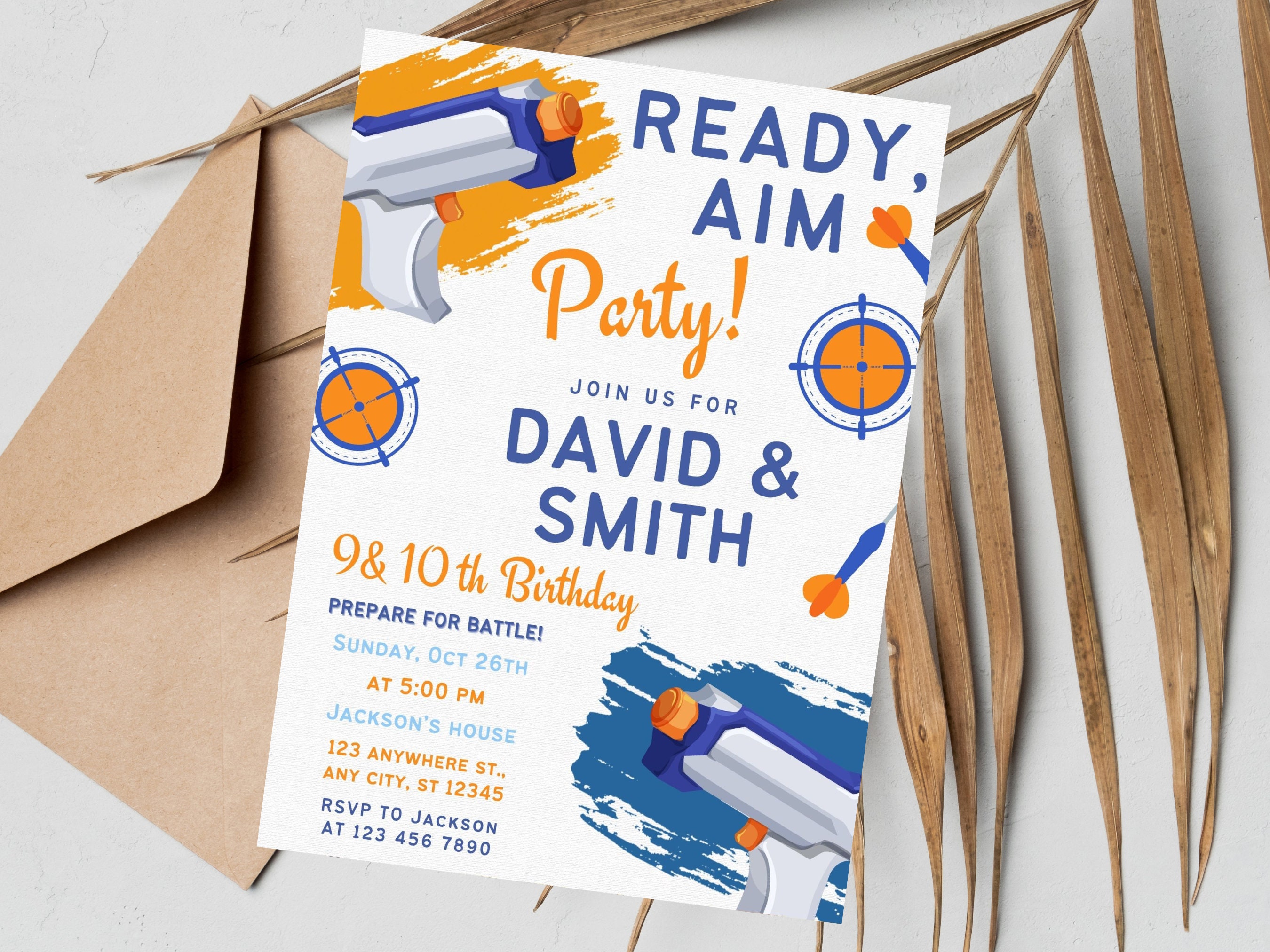 Editable Nerf Birthday Party Invitation, Siblings Birthday Invite, Dart ...