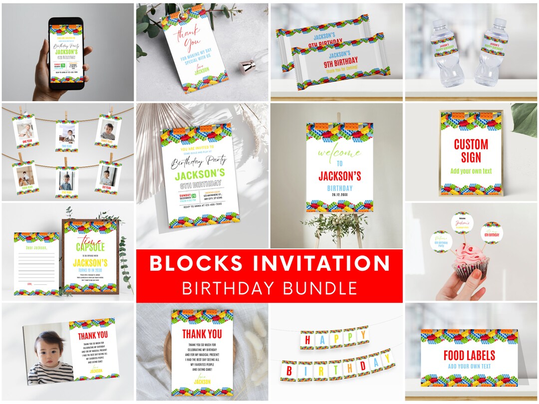 Editable Building Block Birthday Invitation Bundle, Building Bricks ...
