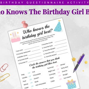 Who Knows the Birthday Girl Best, Birthday Questionnaire Activity, Girl ...