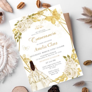 Editable Wildflower Quinceanera Invitation, Gold Butterfly (digital ...