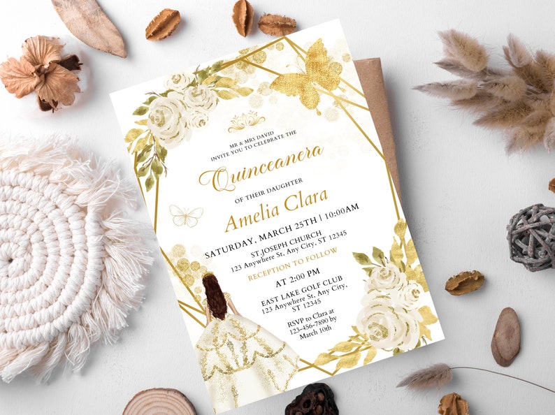 Editable Wildflower Quinceanera Invitation Template, Silver and Gold ...