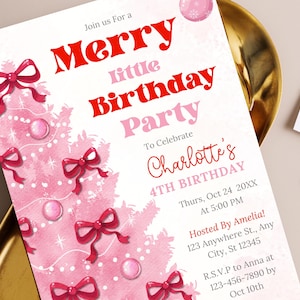 Editable Pink Christmas Merry Little Birthday Girl Invitation, Holiday ...