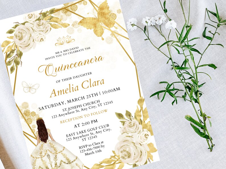 Editable Wildflower Quinceanera Invitation Template, Silver and Gold ...