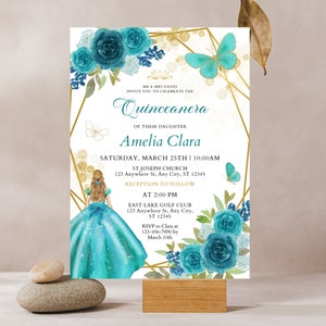 Editable Quinceanera Invitation Template, Blue and Gold Quinceanera ...