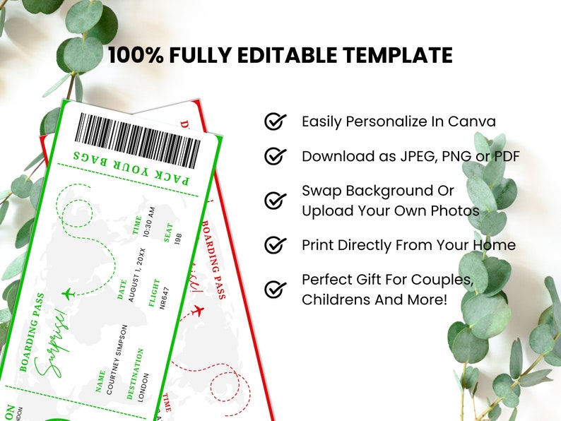 Editable Boarding Pass Canva Template, Printable Airline Ticket ...