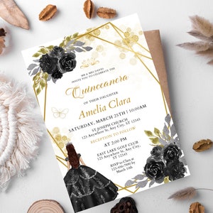 Editable Wildflower Quinceanera Invitation Template, Black and Gold ...