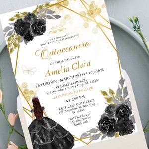 Editable Wildflower Quinceanera Invitation Template, Black and Gold ...