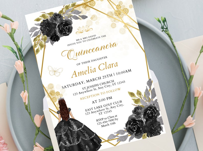 Editable Wildflower Quinceanera Invitation Template, Black and Gold ...