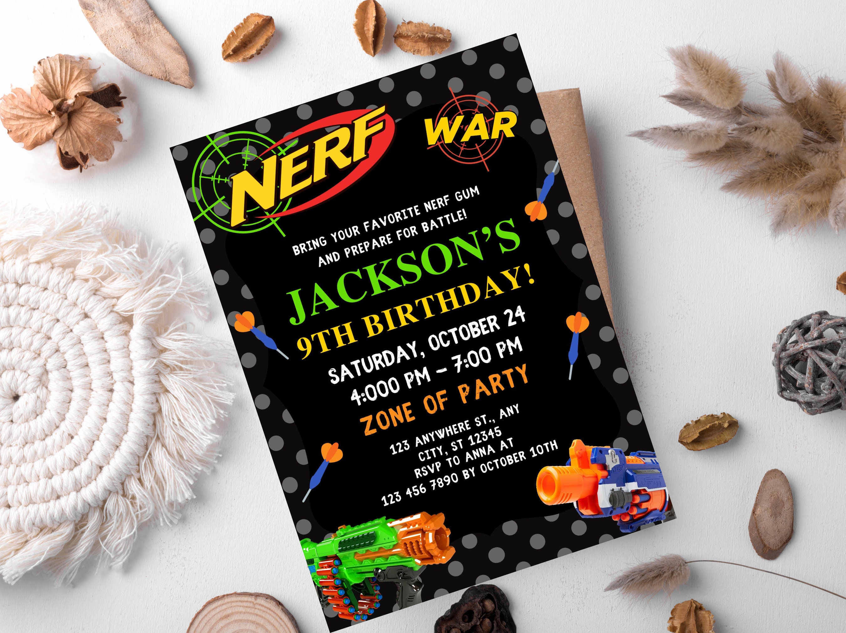 Editable Nerf Birthday Party Invitation, Dart Gun Birthday Party ...