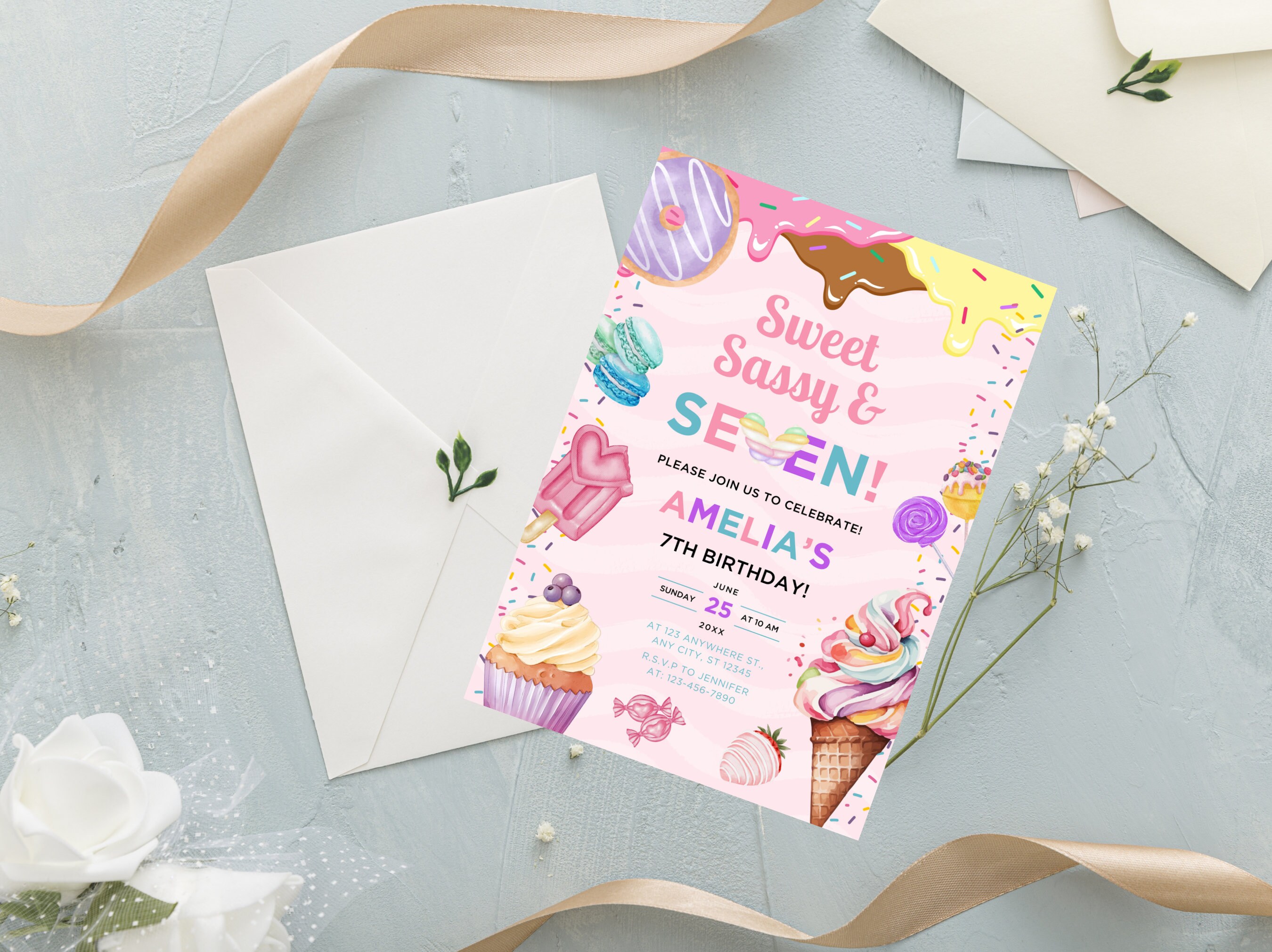 Editable Candy Sweet Sassy and Seven Birthday Invitation, Cotton Candy ...