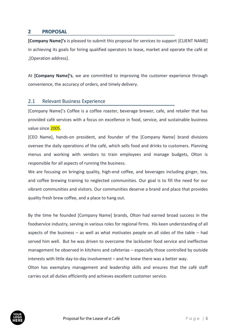 Café Lease Business Proposal Template - Etsy
