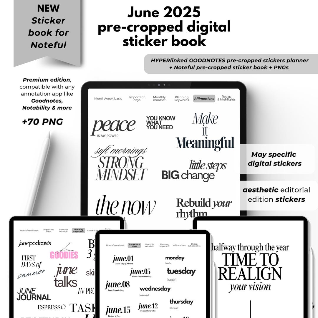 June 2025 Digital Planner Stickers for Goodnotes & Noteful Pre-cropped ...