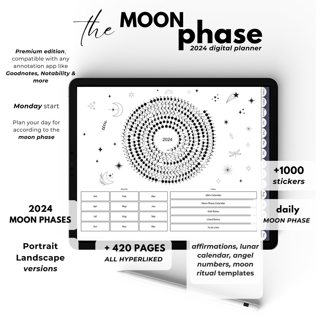 2024 Moon Phase Digital Planner Landscape, Astrology Moon Tarot ...