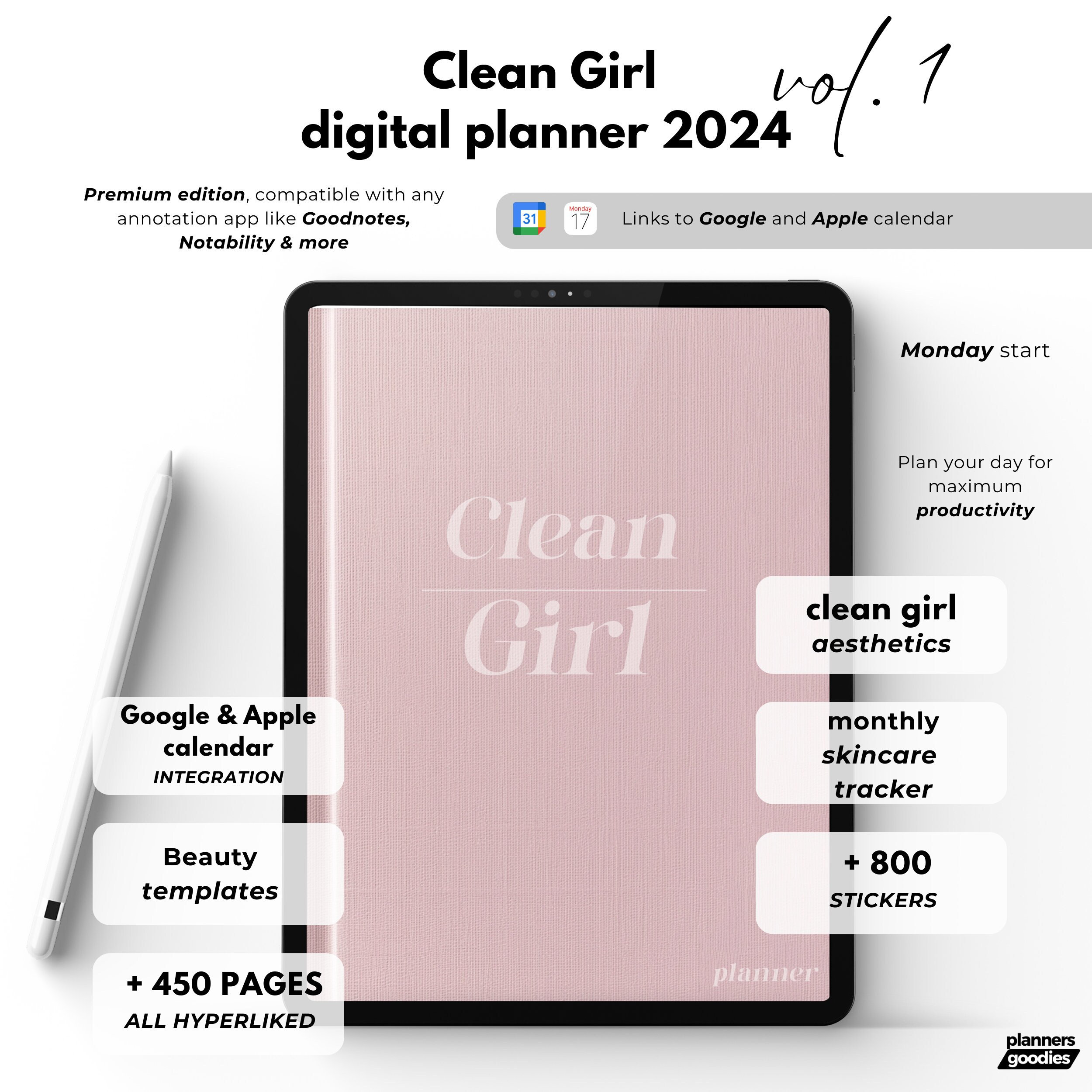 CLEAN GIRL Aesthetic Digital Planner 2024 Daily Weekly Monthly ...