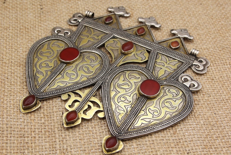 Vintage Old Turkoman Silver Pendant Double Heart Shape Agate Stone ...