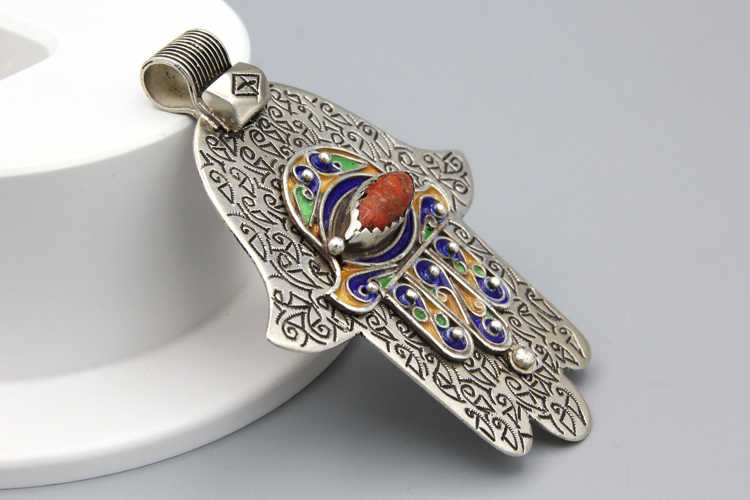 925 Sterling Silver Hamsa Coral Pendant Tuareg Hand of Fatima Silver ...