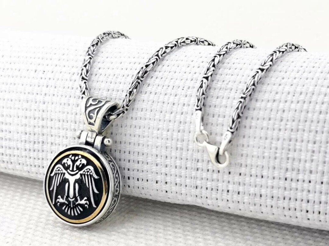 925 Sterling Silver Pendant Necklace - Double Headed Seljuk Eagle With ...