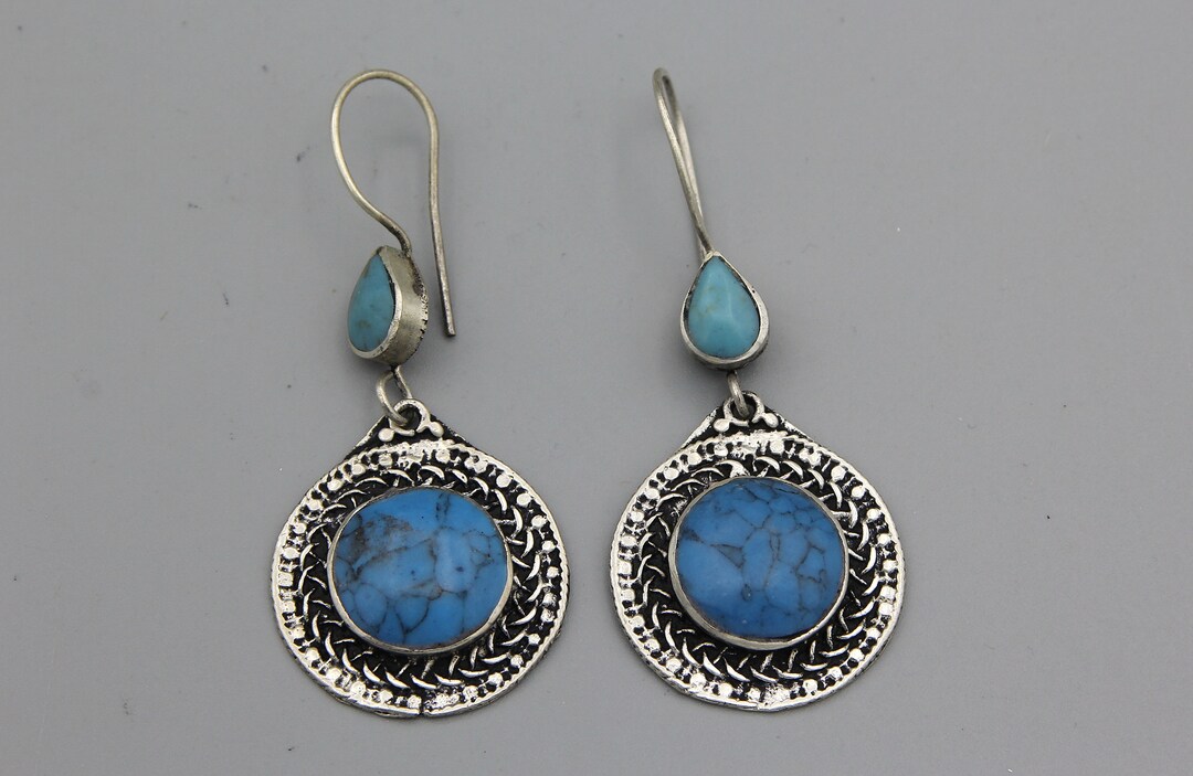 Turquoise Stone Earrings, Afghan Earrings, Drop Earrings, Vintage ...