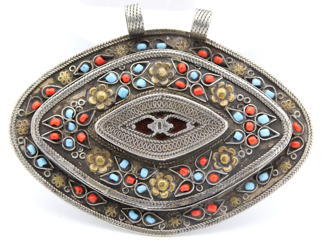 Vintage Uzbek Silver Pendant: Afghan Tribal Jewelry With Glass Beads - Etsy