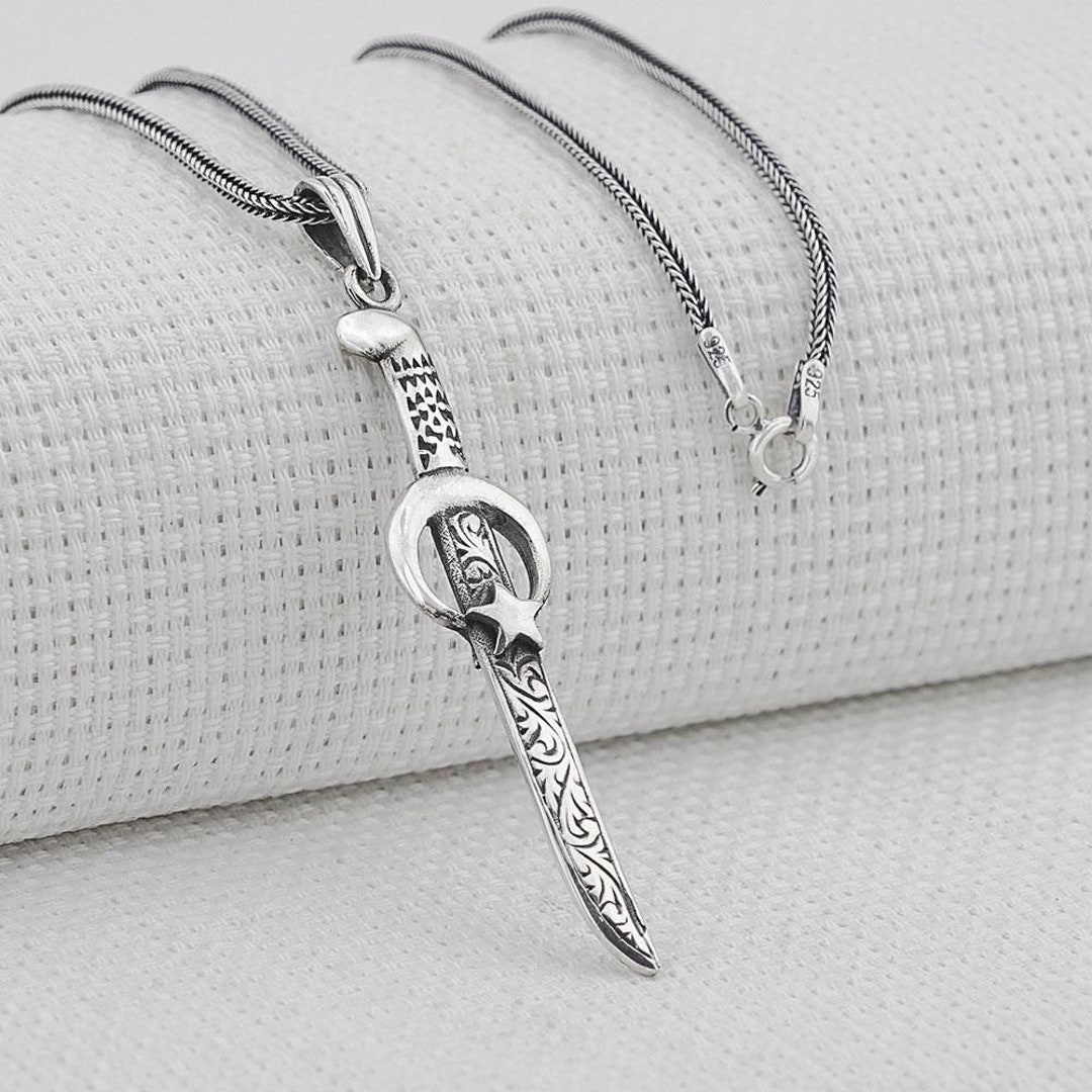 Sterling Silver Sword Pendant Necklace, Crescent Moon Star Design - Etsy