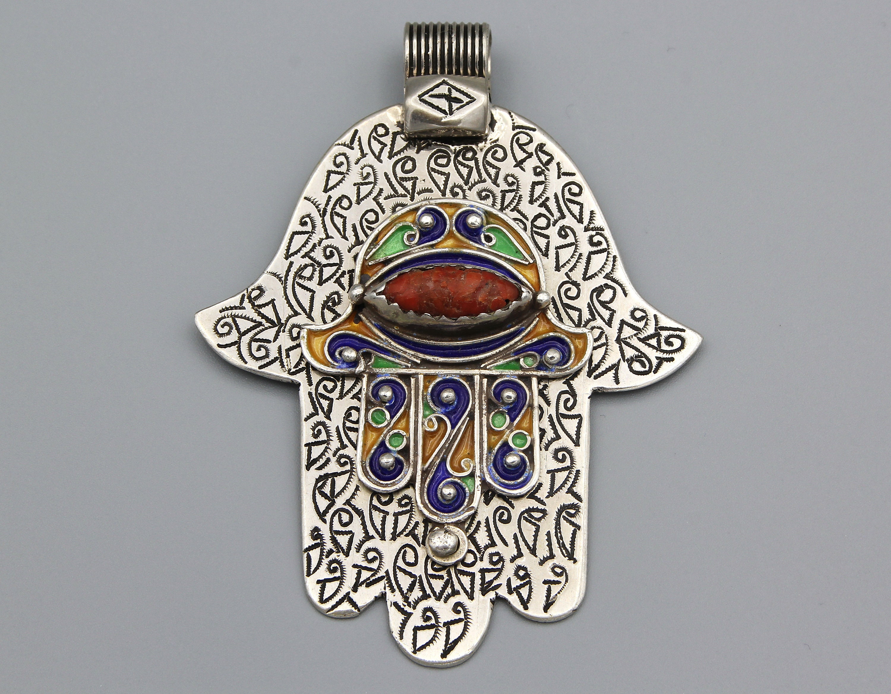 925 Sterling Silver Hamsa Coral Pendant Tuareg Hand of Fatima Silver ...