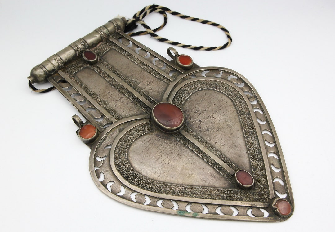 Vintage Old Turkoman Silver Large Pendant Turkmen Jewelry Heart Shape ...