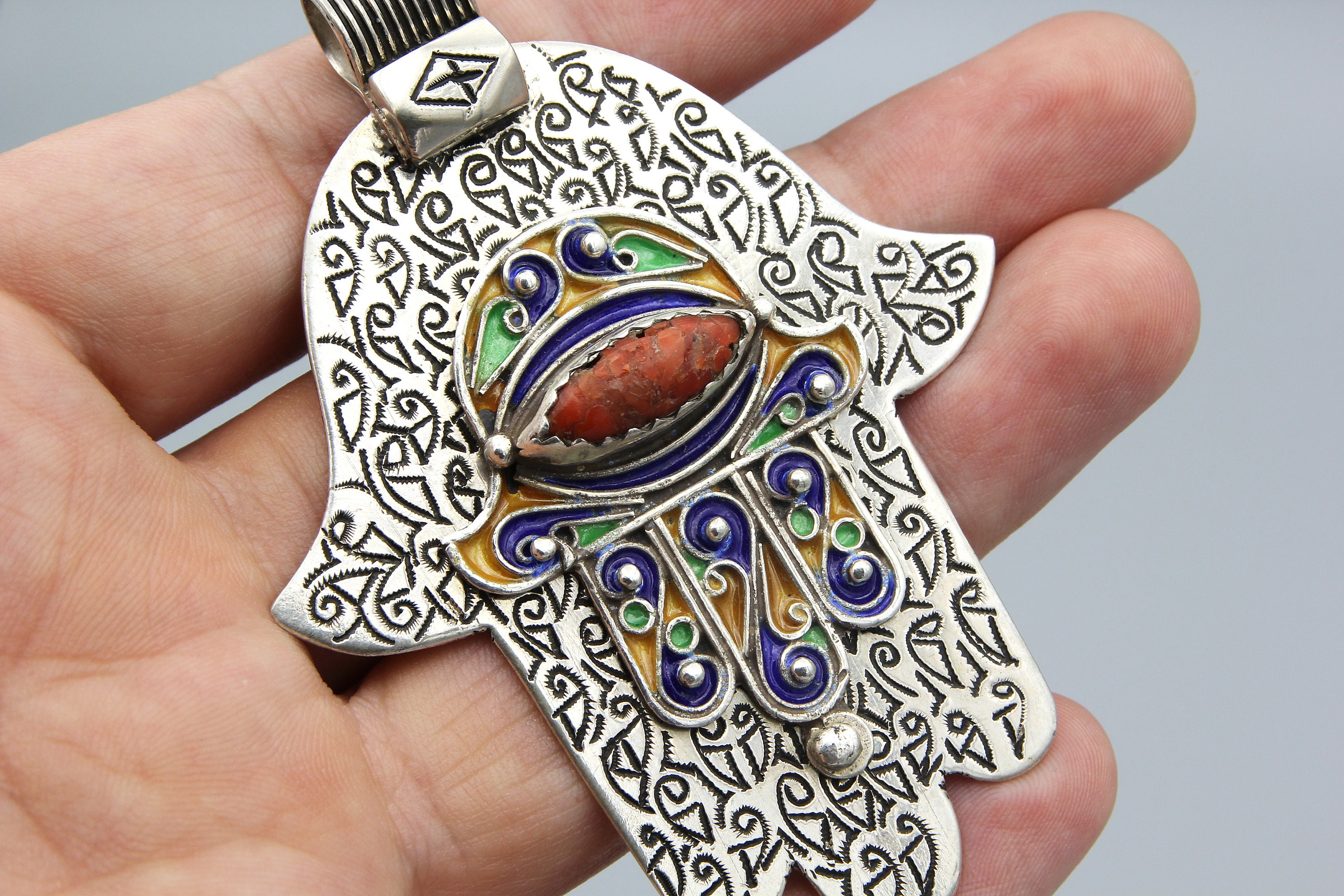 925 Sterling Silver Hamsa Coral Pendant Tuareg Hand of Fatima Silver ...