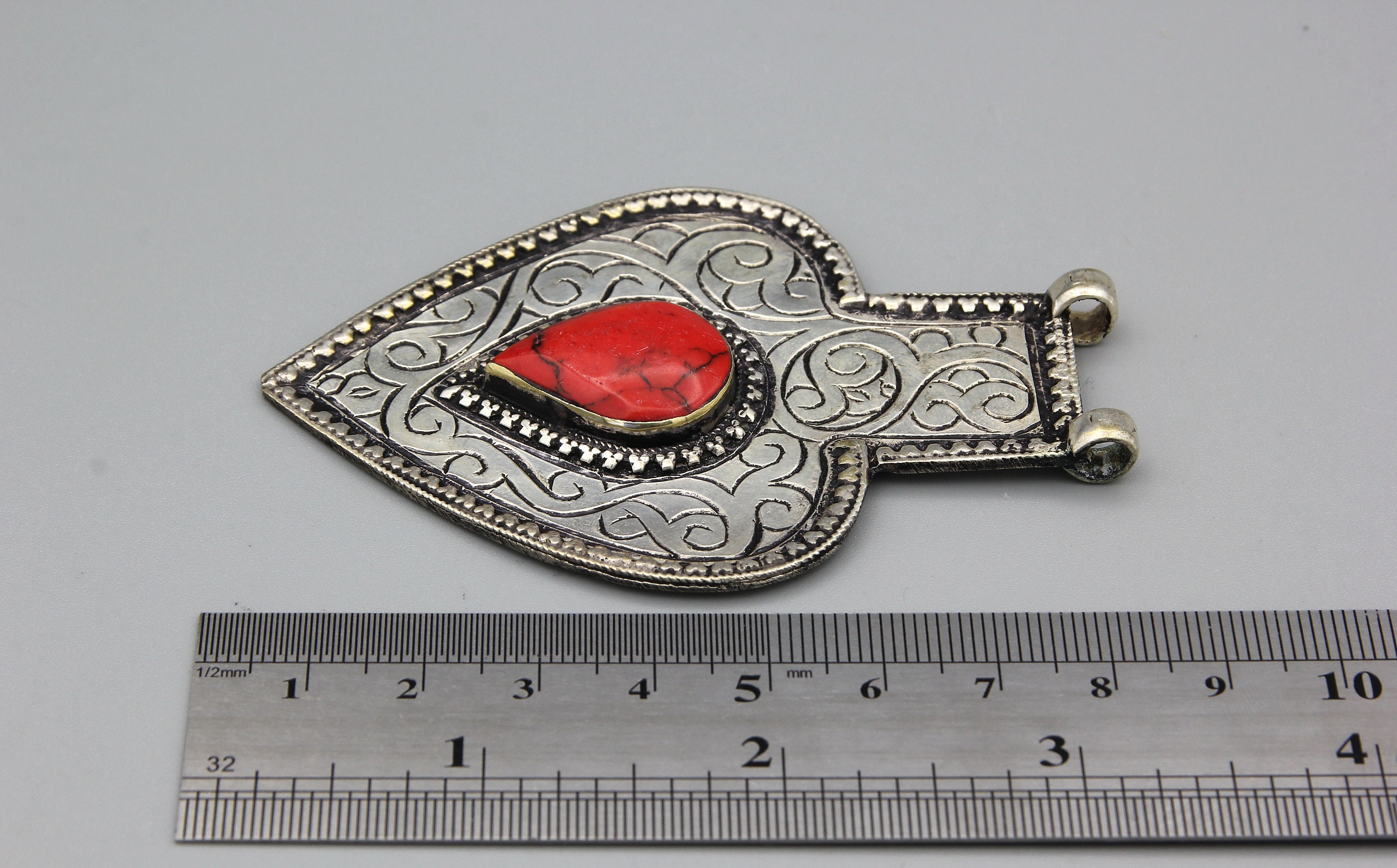 Red Coral Turkoman Heart Pendant, Ethnic Tribal Turkmen Jewelry, Unique ...