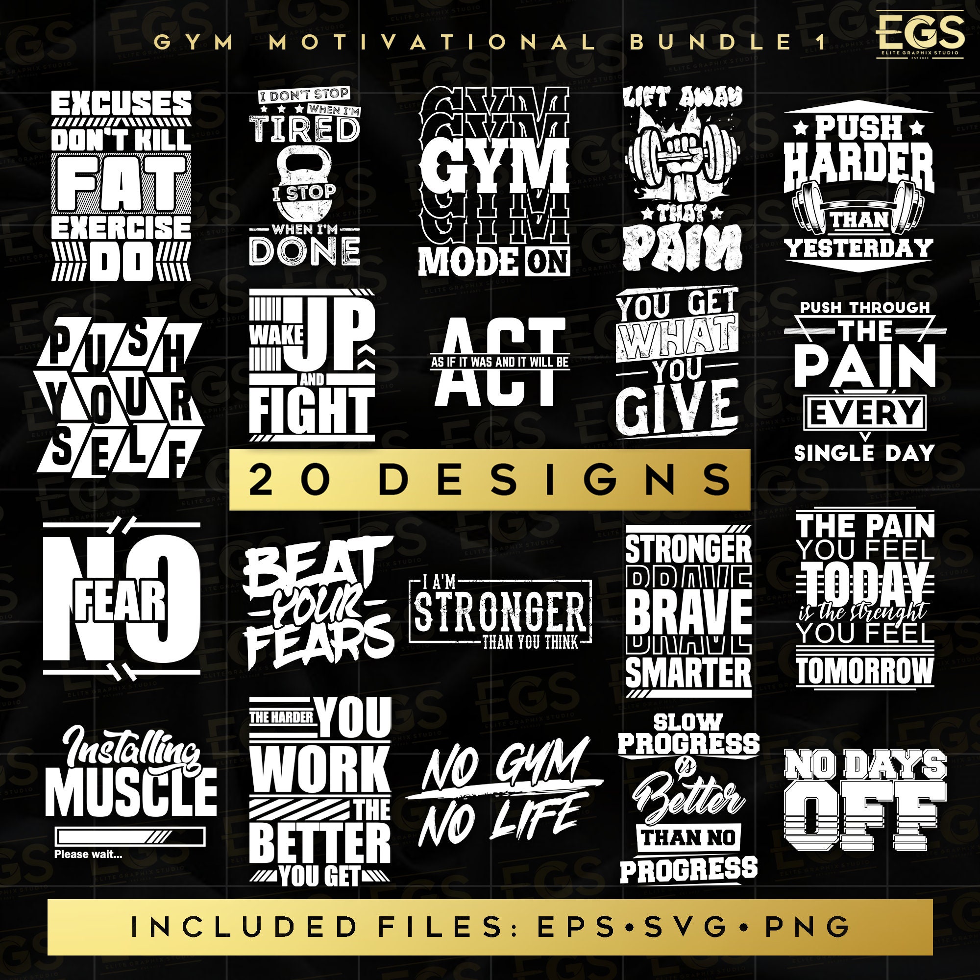20 Motivational Gym Bundle Svg, Work Out Svg, Active Wear Svg, Hustle ...