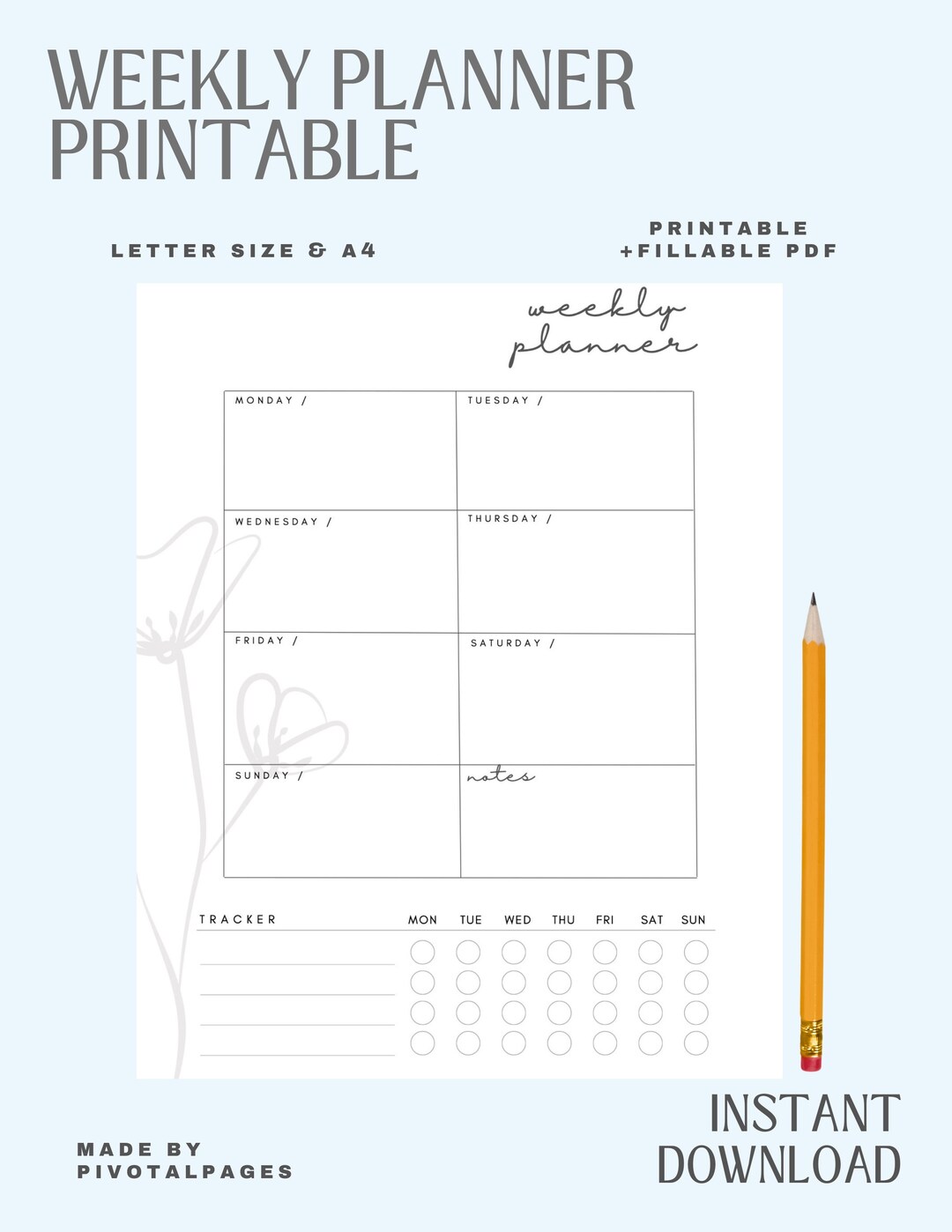 Weekly Planner, Weekly Planner Printable, Digital Download, Editable ...