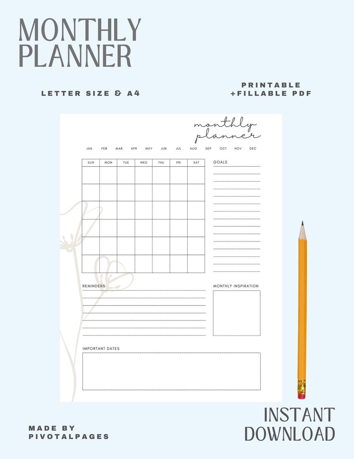Monthly Planner, Printable Planner, Monthly Snapshot, Digital Download ...