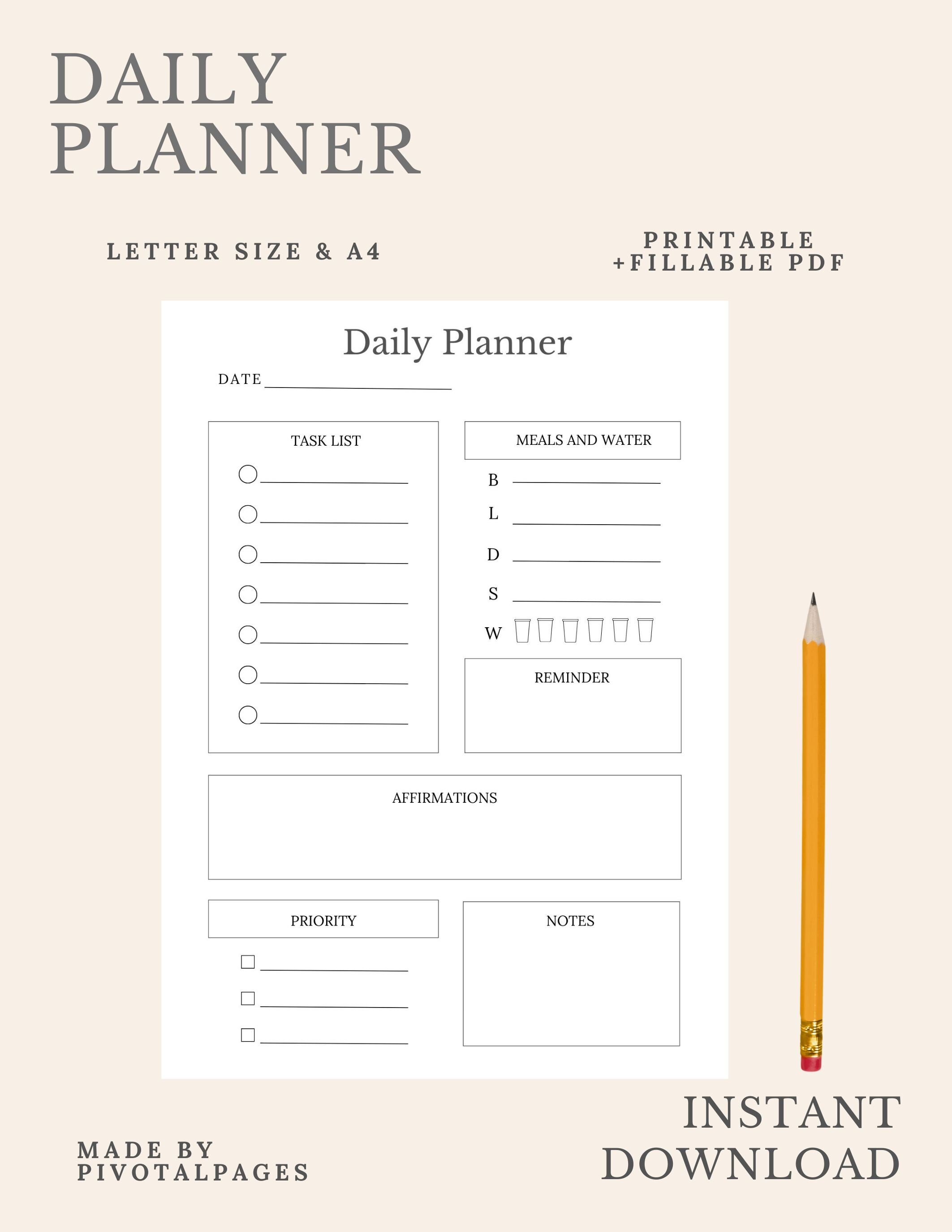 Daily Planner, Classic Style, Daily Goals Tracker, Printable Planner ...